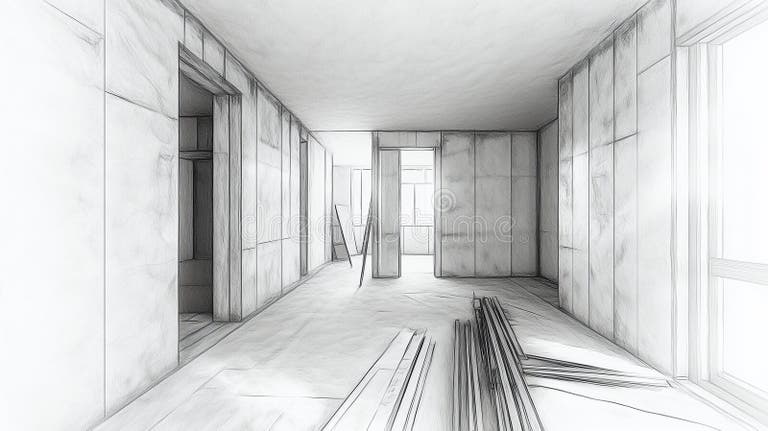 Interior Architectural Drawing Showcasing an Unfinished Room with ...