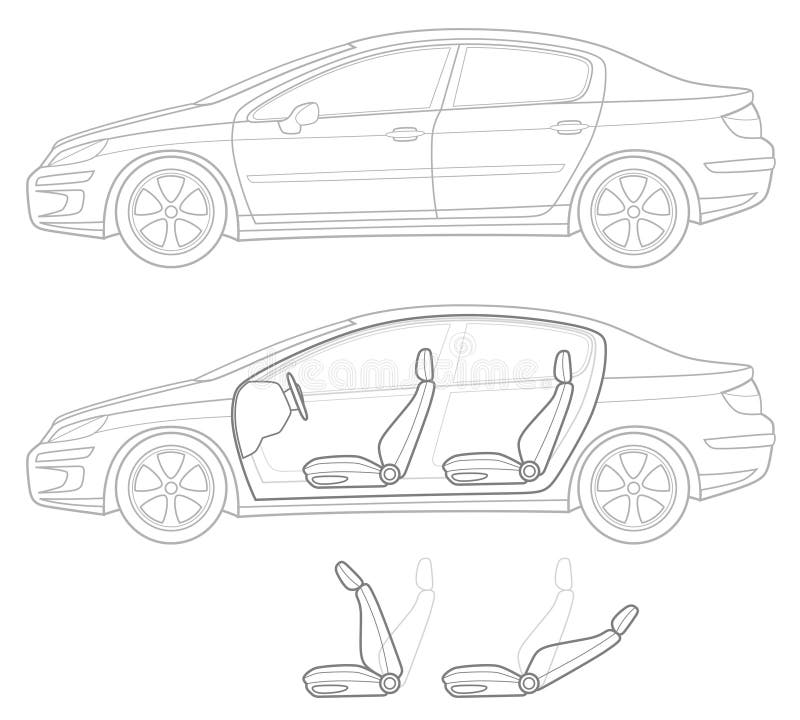 Car Sedan Interior Parts Engine Seats Dashboard Drawing Outlines Not ...