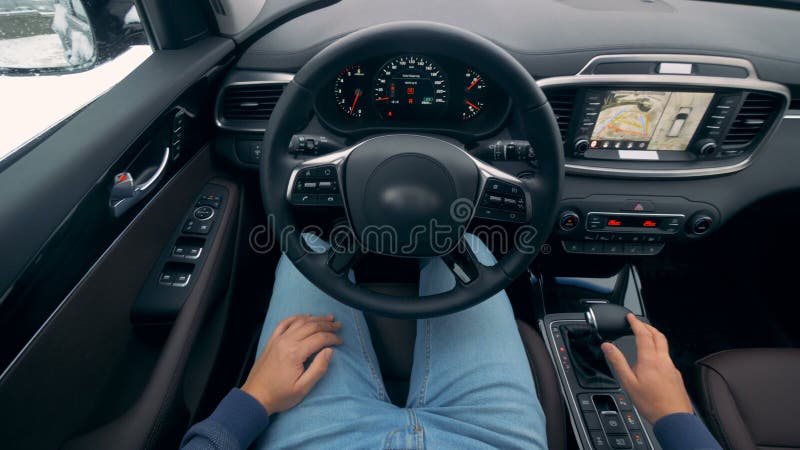 Interior of an Automatic Vehicle with a Man Sitting Inside. Self ...