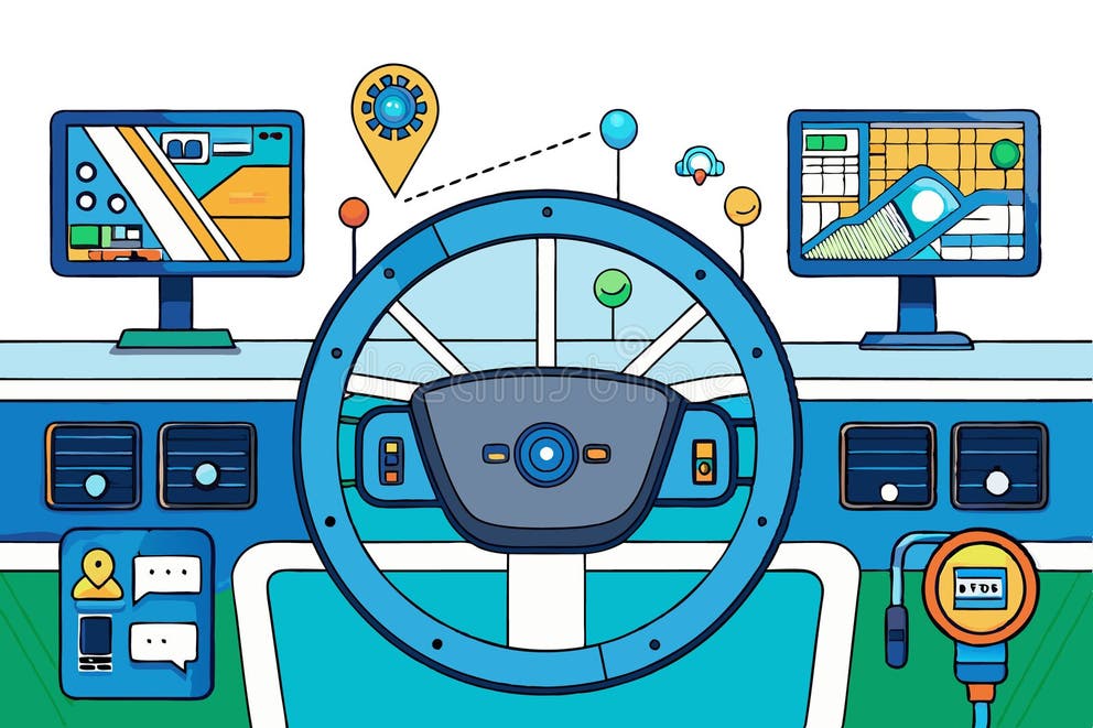 Interior of an Autonomous Car with a High Tech Steering Wheel, Digital ...