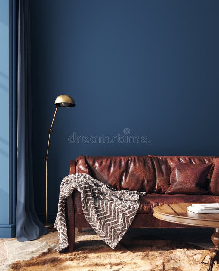 Interior Azul Oscuro Con Mobiliario Antiguo Retro Stock de ilustración ...