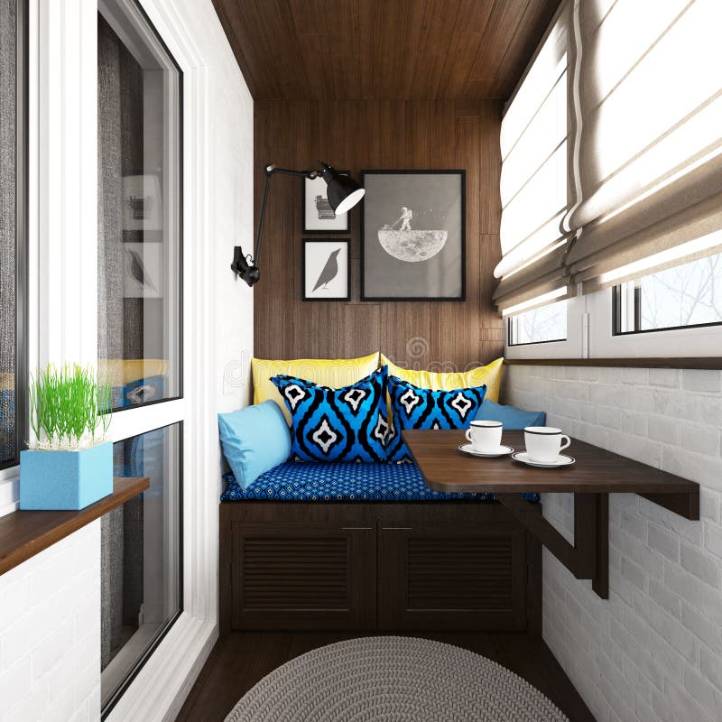 Interior of Balcony with Sitting Area and Small Table. 3d Rendering ...
