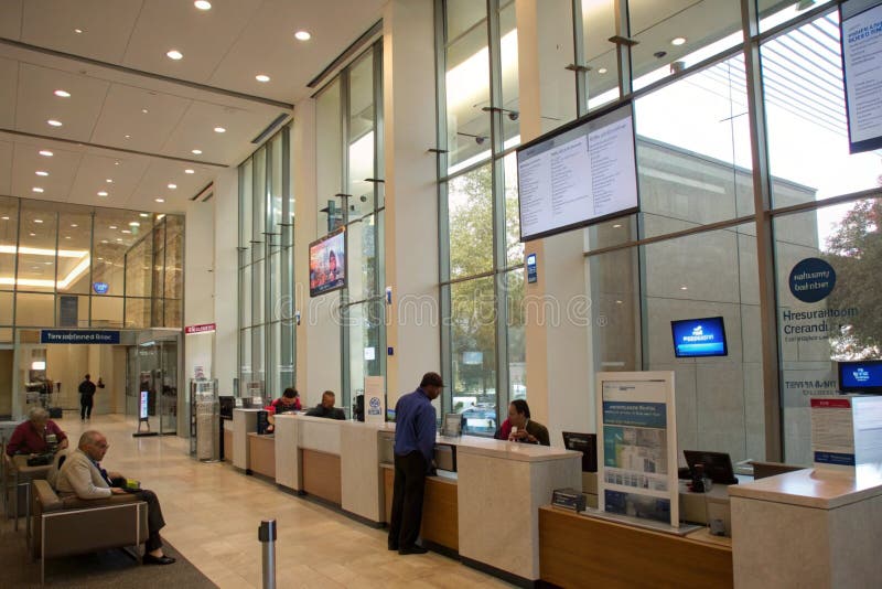 Interior of a bank stock illustration. Illustration of modern - 376077439