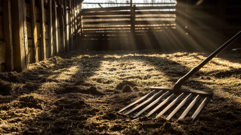 The Interior of a Barn Bathed in Sunlight with a Garden Rake Resting on ...