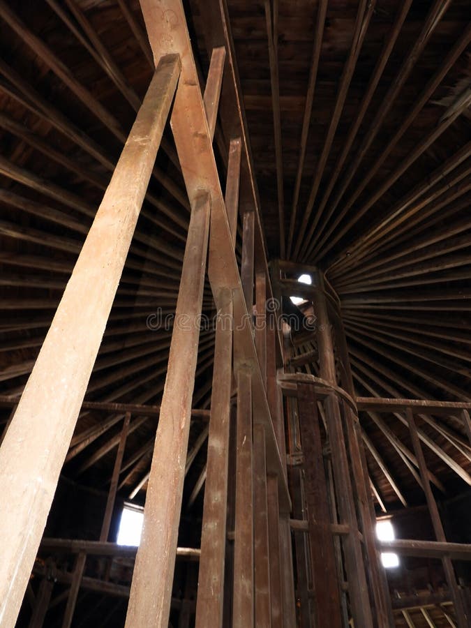 Round Stone Barn Interior Ceiling Truss and Beams Stock Image - Image ...