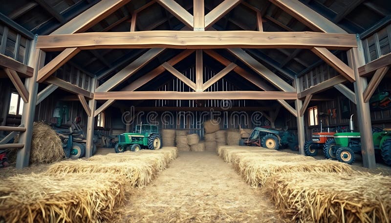 Barn Interior with Hay Bales Rustic Farm Building Agriculture Storage ...