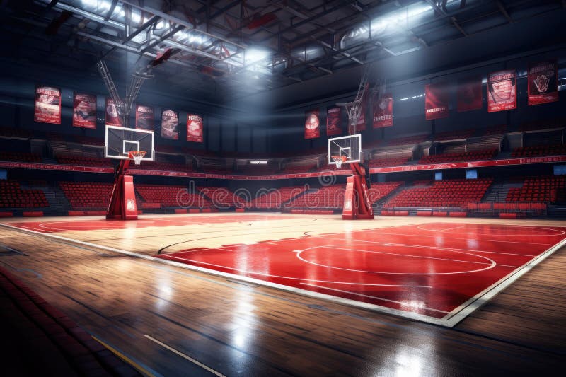 Interior of a Basketball Court with Red Seats and Lights. 3d Rendering ...