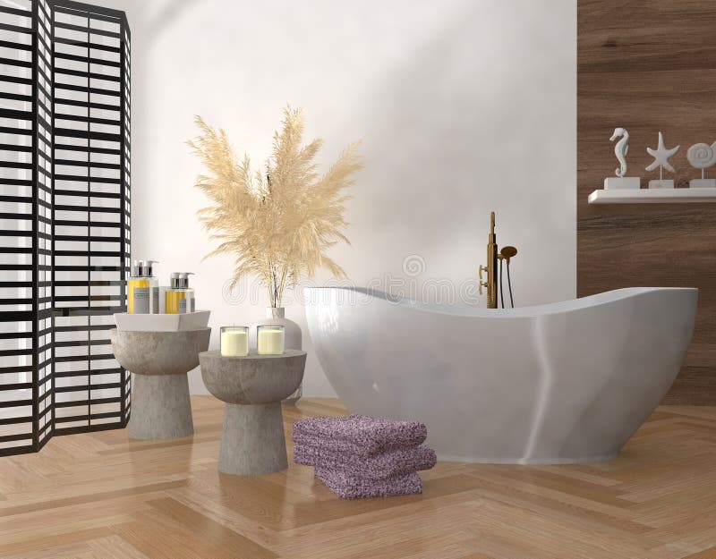 Interior of Bathroom with Bath, 3d Rendering, Illustration Stock ...