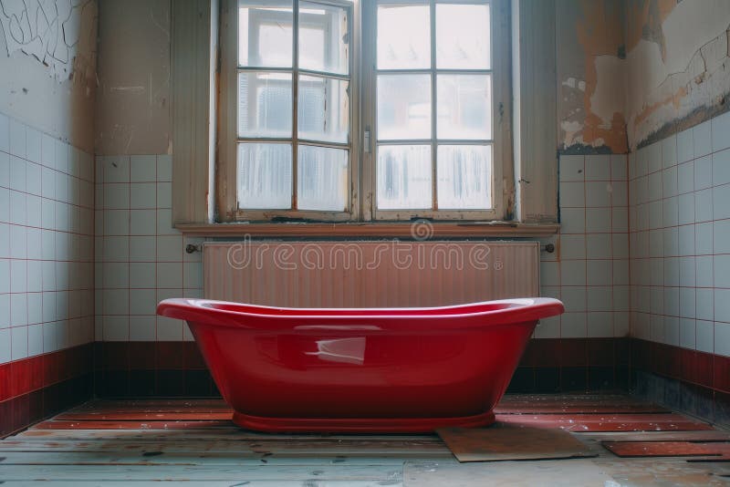Interior of a Bathroom with Red Bath and Big Window Stock Illustration ...