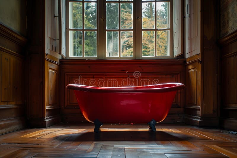 Interior of a Bathroom with Red Bath and Big Window Stock Illustration ...