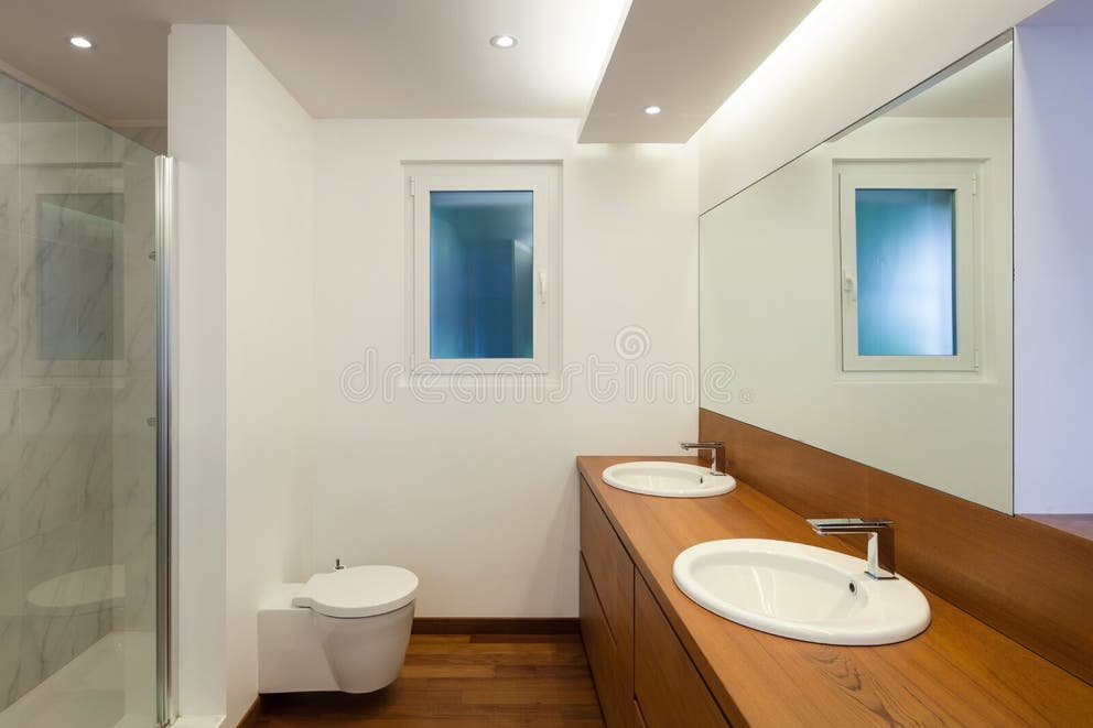 Interior, Bathroom with Two Sinks Stock Photo - Image of inside, mirror ...