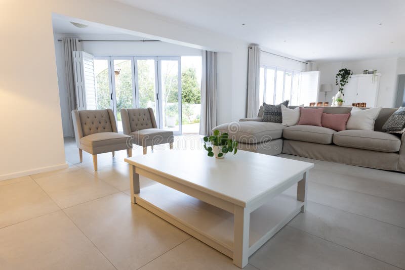 The Interior of a Beautiful Large Modern Living Room with Large Windows ...