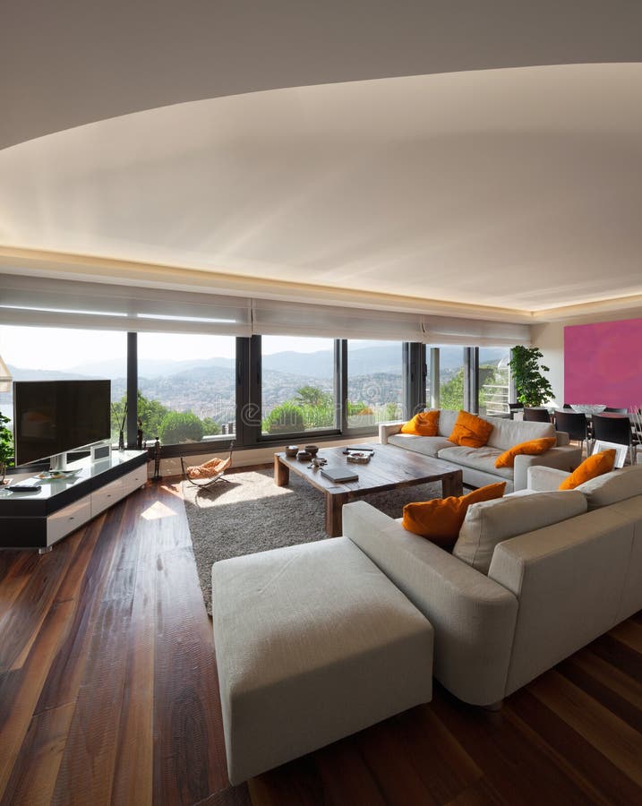 Interior, Beautiful Living Room Stock Photo - Image of stylish, pool ...