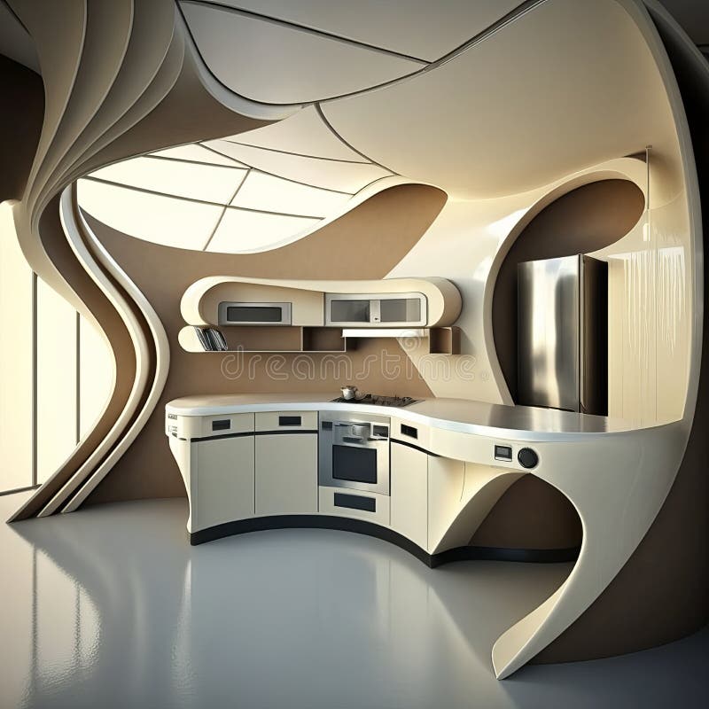 Futuristic Modern Kitchen in Pastel Tones Stock Illustration ...