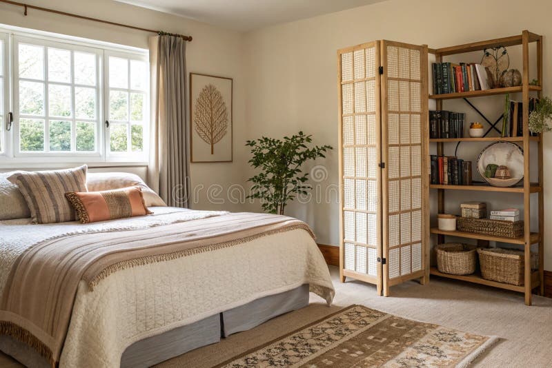 Interior of Bedroom with Bed, Shelving Unit and Folding Screen Stock ...