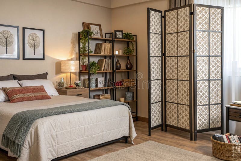 Interior of Bedroom with Bed, Shelving Unit and Folding Screen Stock ...
