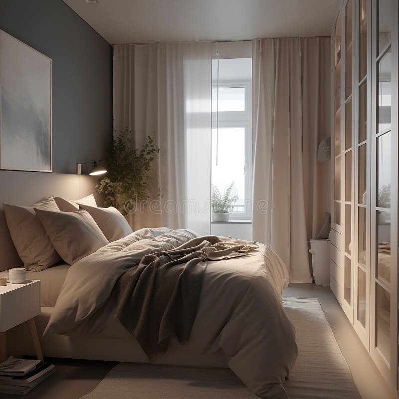 Interior of a Bedroom with a Double Bed and Large Windows. 3d Render ...