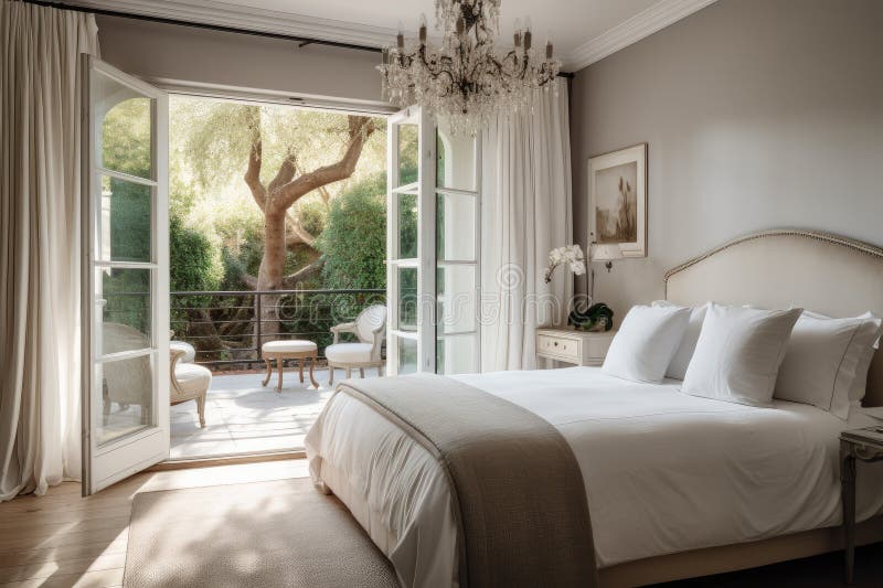 The Interior of the Bedroom with a Large Bed with White Linens and ...