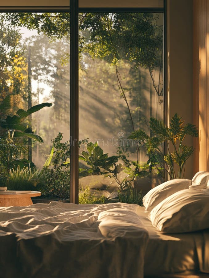 Interior Bedroom with Large Window Stock Photo - Image of generated ...