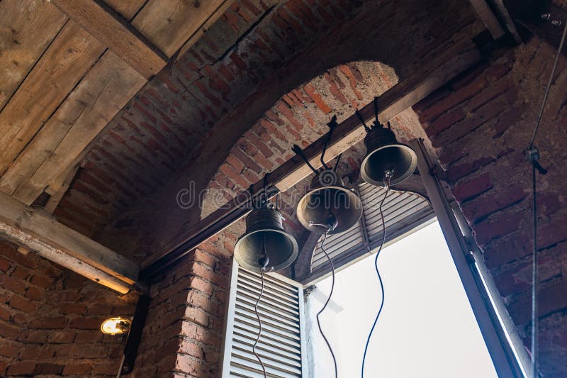 Interior of a Bell Tower, with Three Large Bells Hanging from the ...