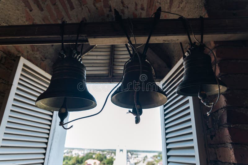 Interior of a Bell Tower, with Three Large Bells Hanging from the ...