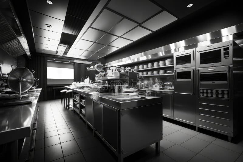Modern restaurant kitchen stock illustration. Illustration of steel ...