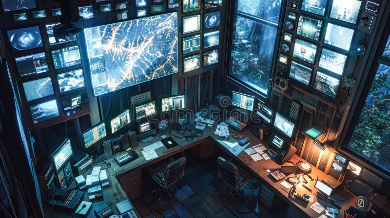 Interior of Big Modern Security System Control Room, Workstation with ...