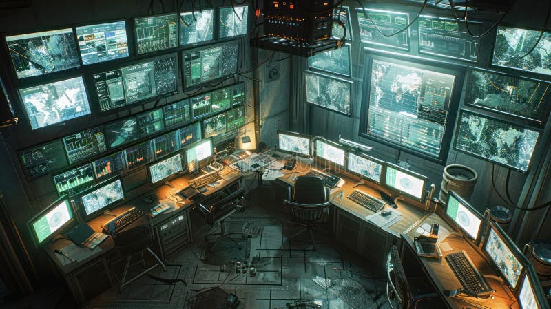 Interior of Big Modern Security System Control Room, Workstation with ...