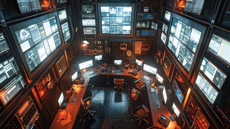 Interior of Big Modern Security System Control Room, Workstation with ...