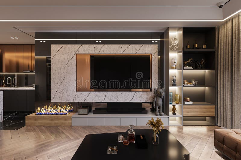 Interior of Blackish Living Room with LED Light, White Ceiling, TV ...