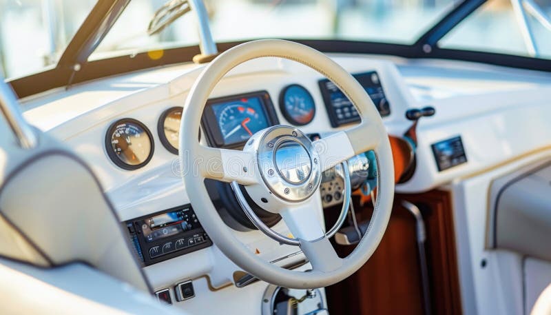The Interior of a Boat is Shown, Featuring a Steering Wheel and ...