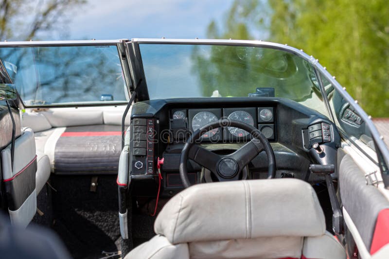 Interior of Boat with Steering Wheel and Control Panel Stock Photo ...