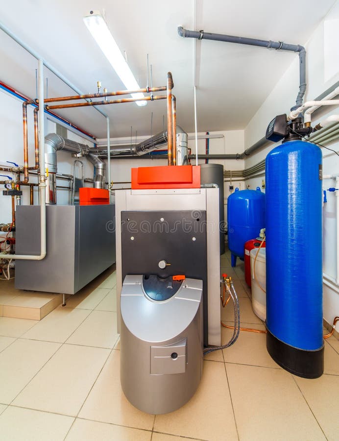 Interior Gas Boiler Room with Multiple Pumps and Piping Stock Image ...
