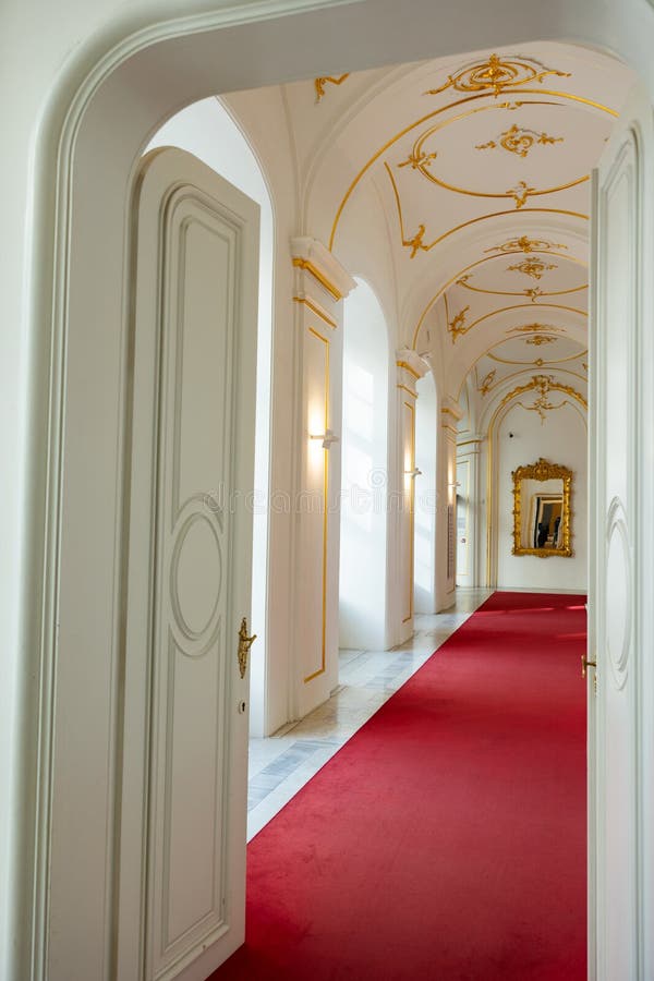 Interior of Bratislava Castle. Stone Staircase and Red Carpet. Slovakia ...