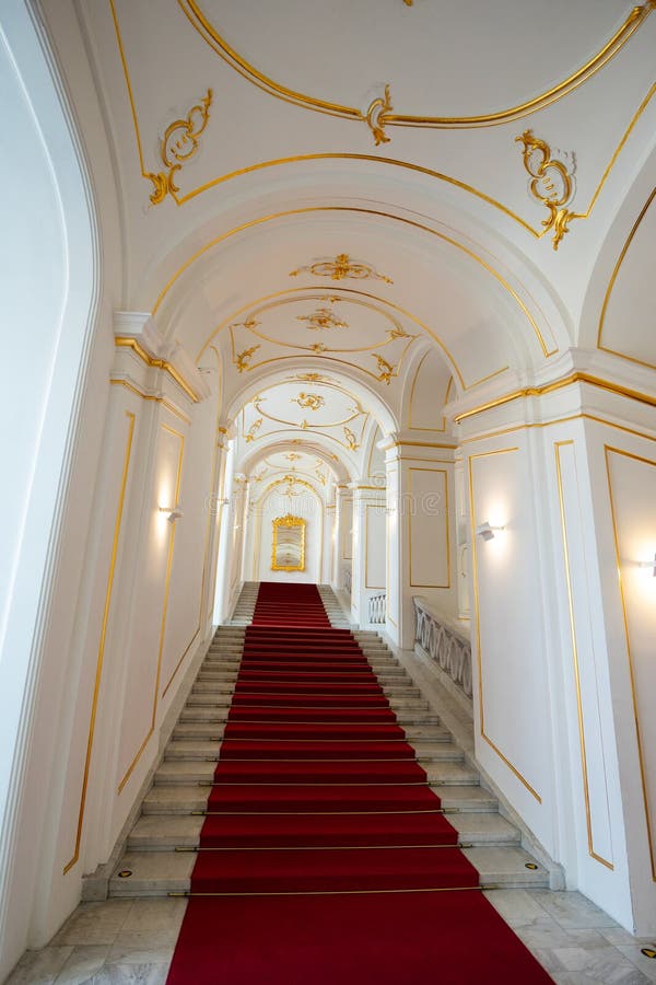 Interior of Bratislava Castle. Stone Staircase and Red Carpet. Slovakia ...