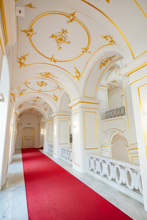 Interior of Bratislava Castle. Stone Staircase and Red Carpet. Slovakia ...