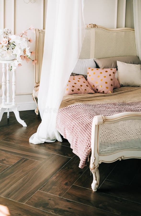 Interior of Bright Bedroom with Large Bed Stock Image - Image of empty ...