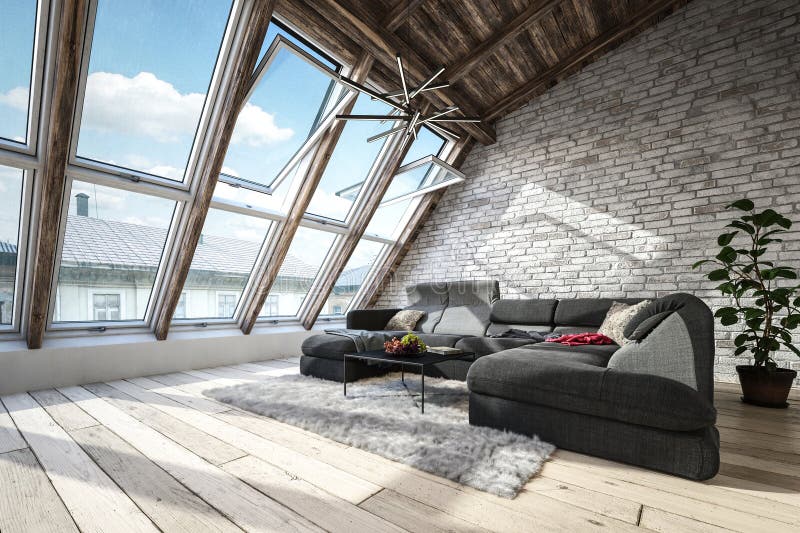 3D Render of Attic Living Room Design Stock Illustration - Illustration ...