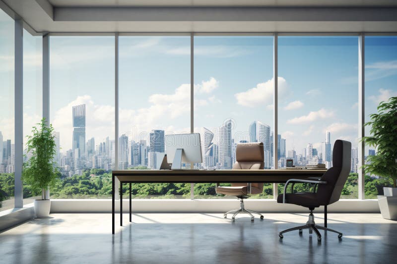 Interior of a Bright Office with Large Windows, Work Desks and ...