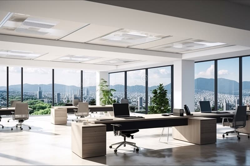 Interior of a Bright Office with Large Windows, Work Desks and ...