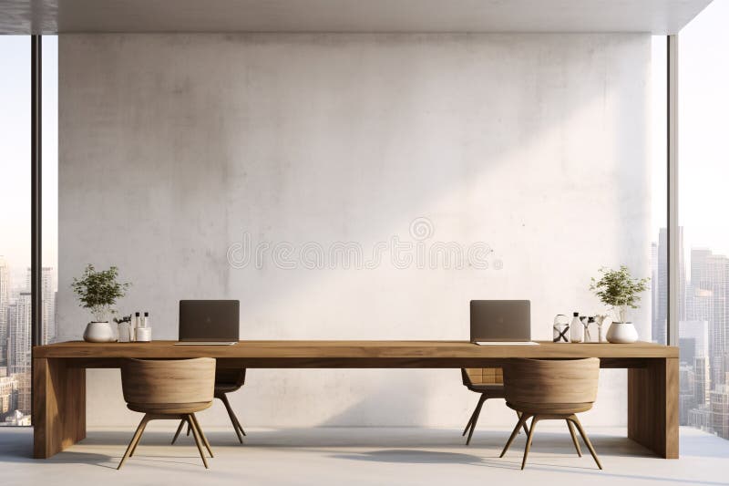 Interior of a Bright Office with Large Windows, Work Desks and ...