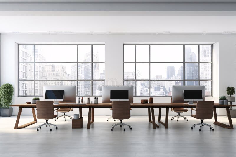Interior of a Bright Office with Large Windows, Work Desks and ...