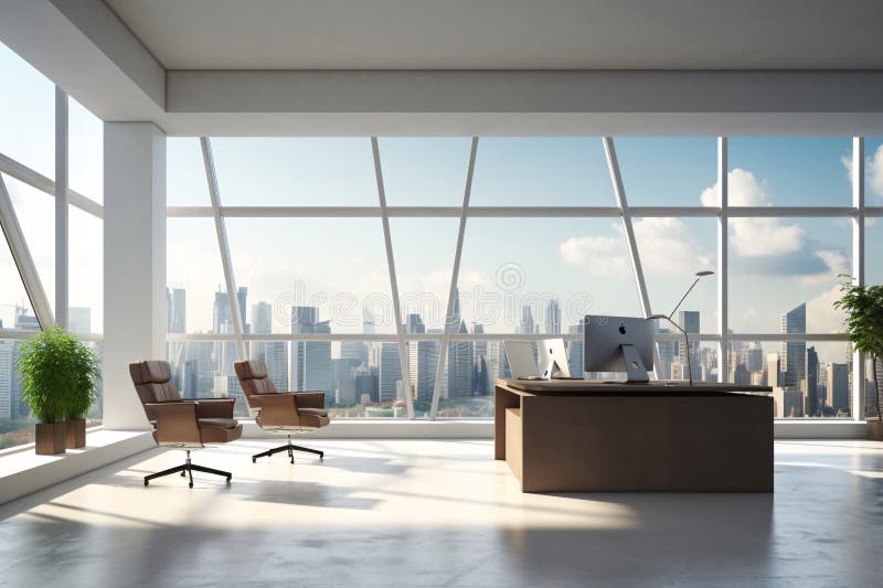 Interior of a Bright Office with Large Windows, Work Desks and ...