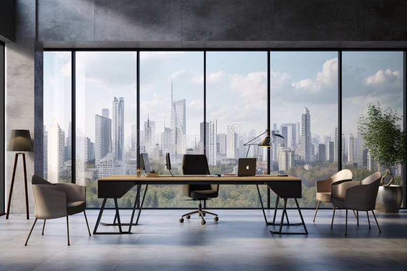 Interior of a Bright Office with Large Windows, Work Desks and ...