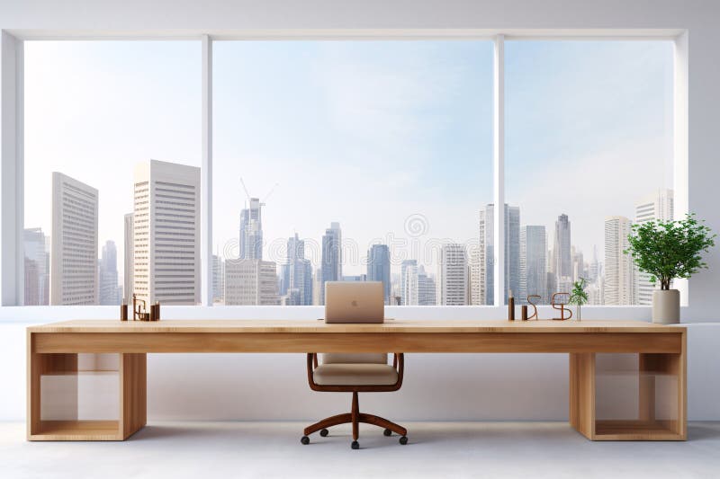 Interior of a Bright Office with Large Windows, Work Desks and ...