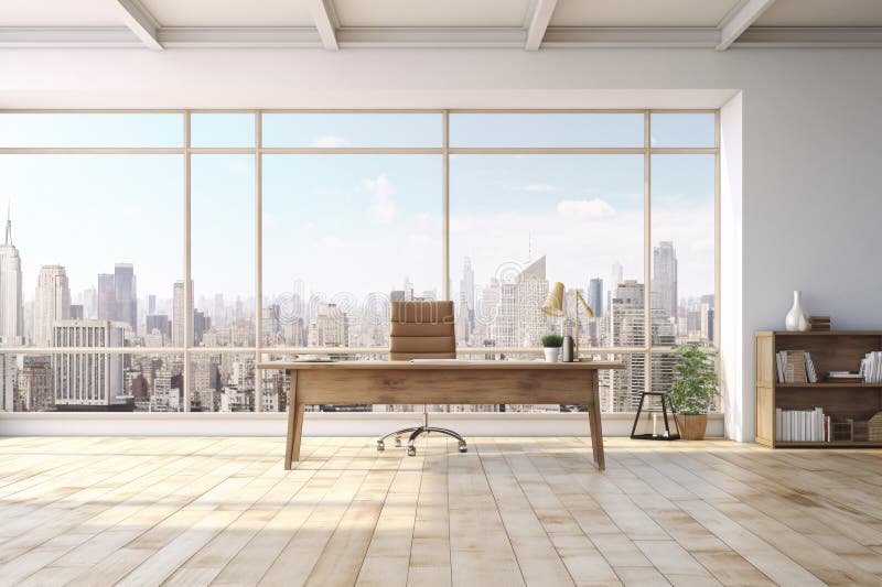 Interior of a Bright Office with Large Windows, Work Desks and ...