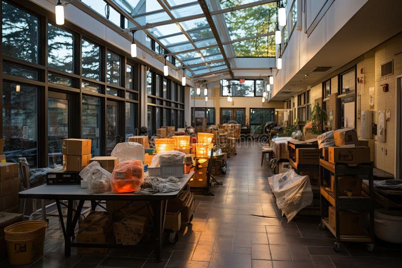 The Interior of a Building Filled with Boxes and Tables Stock ...