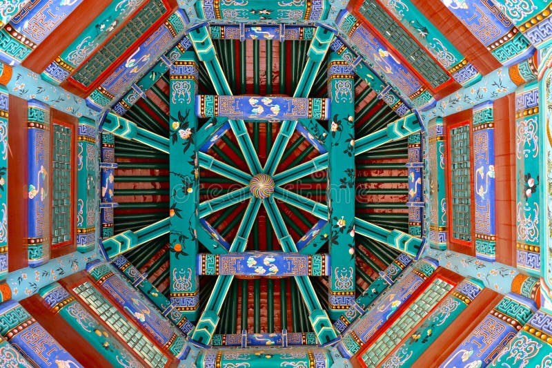 The Ceiling Inside a Building with a Colorful Pattern on it Stock Image ...