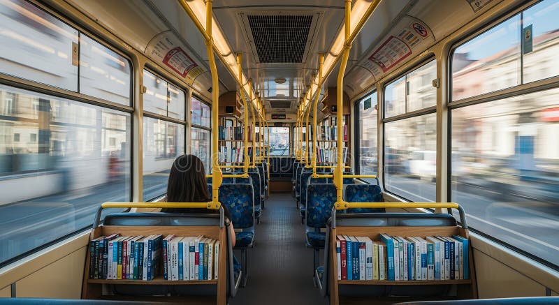Interior Bus with Bookshelves and Passenger, Blurred Cityscape View ...