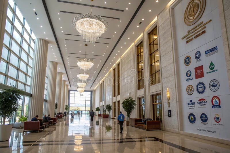 Business Building Hall with Sleek Interior Design Stock Illustration ...